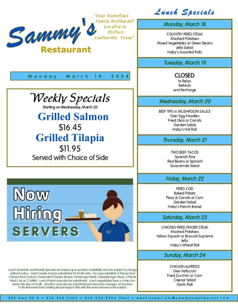 Sammy’s Weekly Specials – Sammy's Restaurant